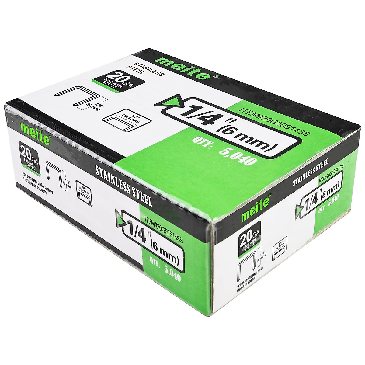 meite 20 Gauge 1/2-Inch (12.3mm) Crown 1/4-Inch Length Upholstery Staples for Staple Gun, Fine Wire Stainless Steel Staples for Carpet, Work Box, Cable, Shed (5,000 Pieces)