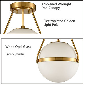 HOLKIRT Mid Century Modern Globe Semi Flush Mount Ceiling Light Fixture,White Opal with Brass Finish,Living/Dinning Room