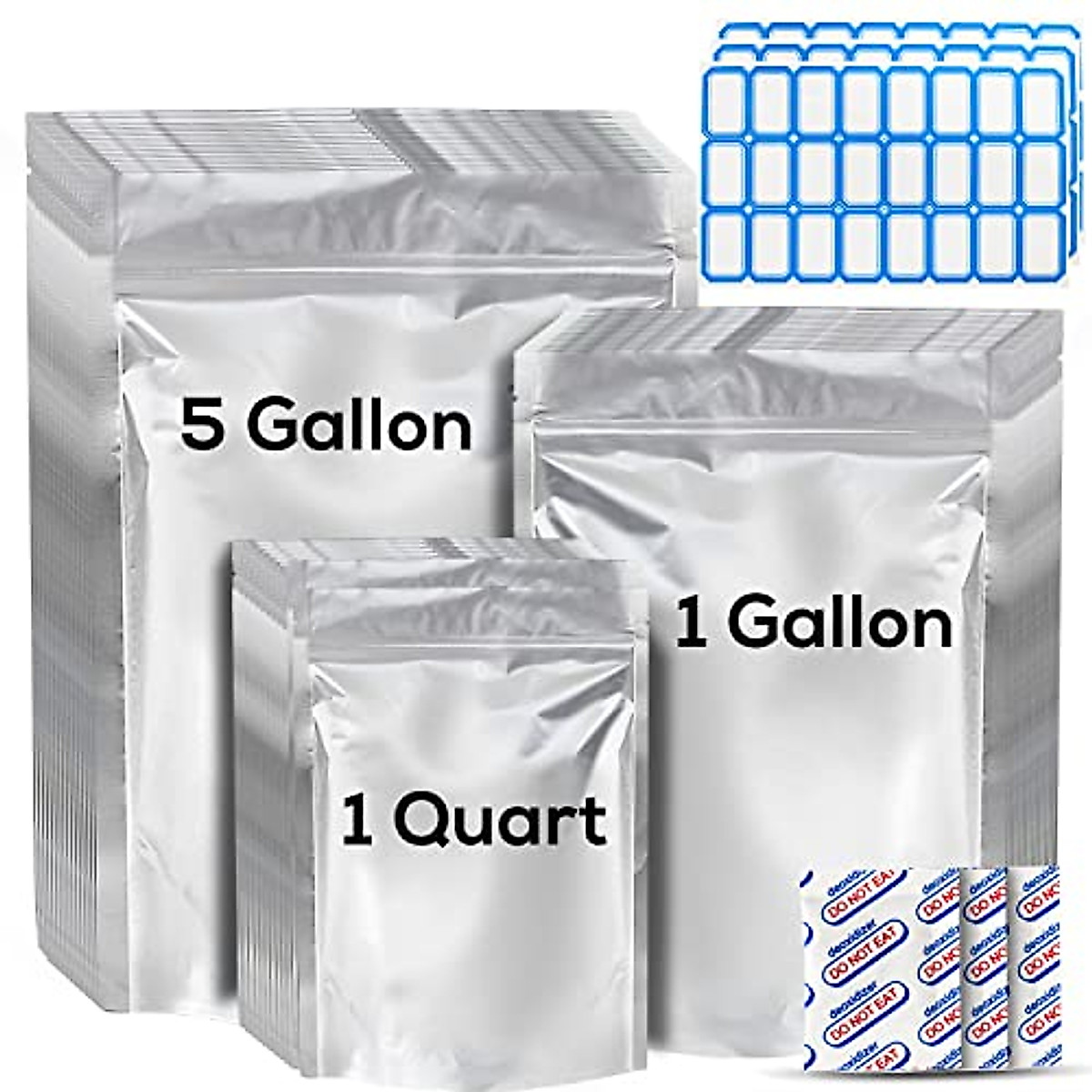 DALI HOME-60 pc Mylar Bags for Food Storage with 60 Oxygen Absorbers & 60 blank labels-10x14in 25 pcs,7x10in 25pcs,17x26in 10pcs-7 mil Mylar bag-Sealable Mylar bag-Food storage solutions,000-DALI-60