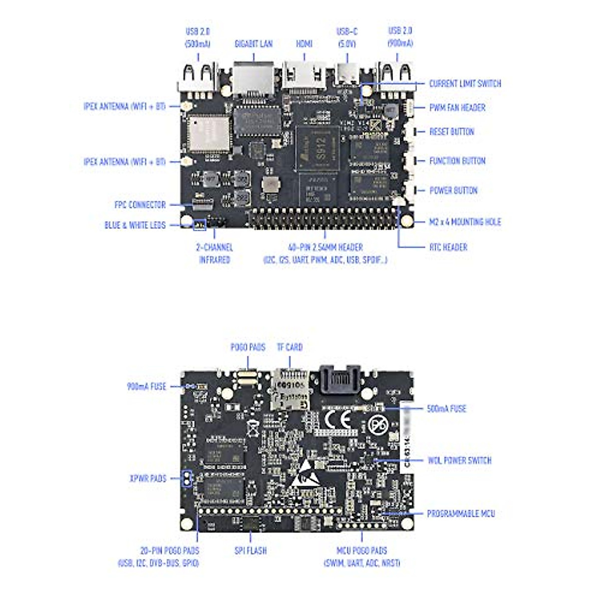 Khadas Single Board Computer,VIM2 Basic Amlogic S912, 1.5GHz 64-bit Octa-Core CPU, T820MP3 GPU,2x2 MIMO 802.11ac WiFi, Gigabit LAN and a USB-C 2.0 Port,a programmable MCU, and Khadas TST(DDR4 2+16GB)