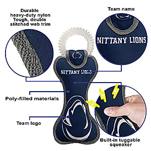 Pets First NCAA Penn State Nittany Lions College Dental Tough Dog TUG Bone Toy with Built-in Squeaker Attached to a Safe Rubber Teething Toothbrush PET Toy, Team Color, 14 x 5 (PA-3310)