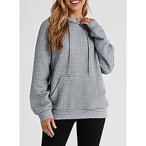 SELINK Hoodies For Women Casual Pullover Waffle Long Sleeve Drawstring Hooded Sweatshirt with Pocket Grey-L