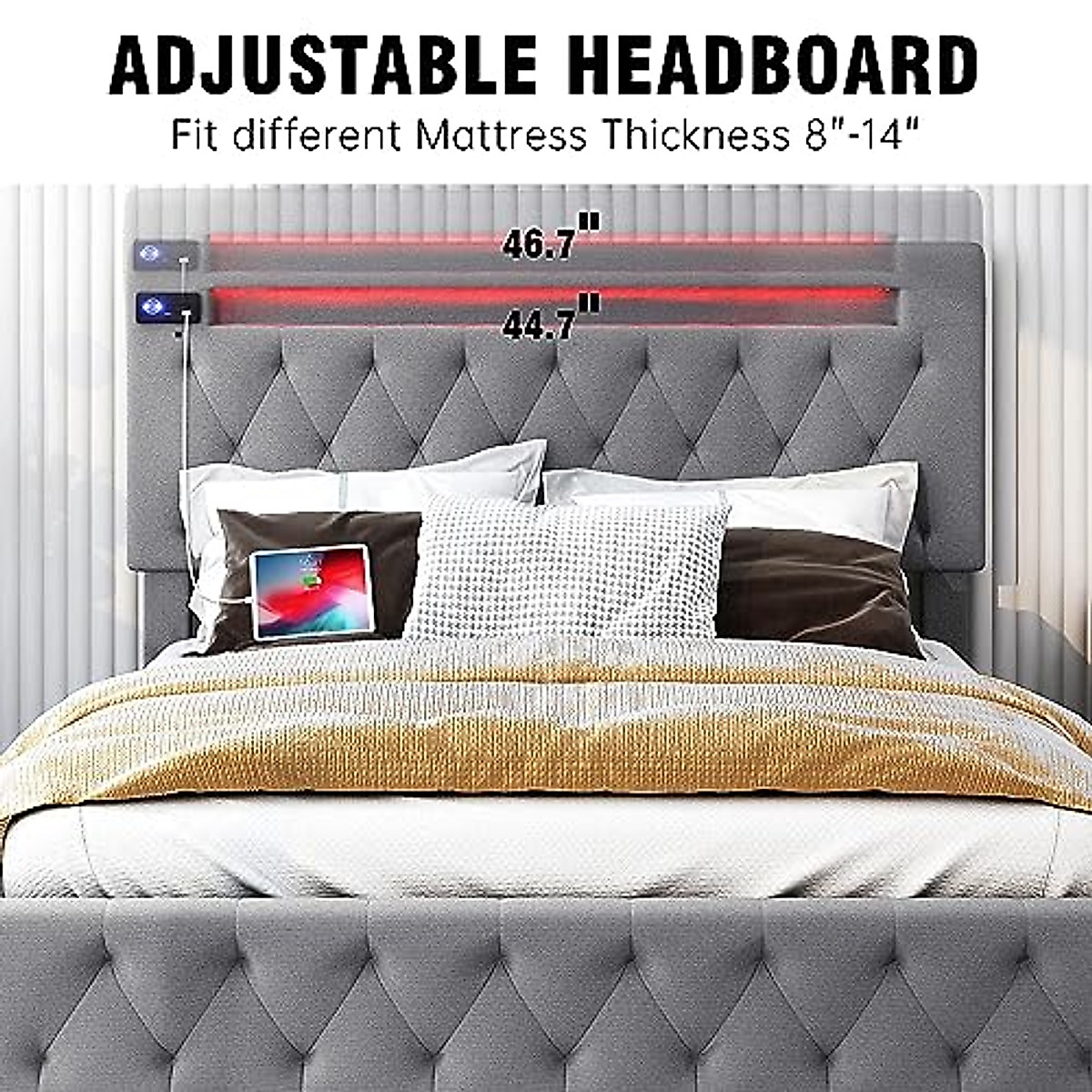 Ucloveria Queen Bed Frame with Bluetooth Audio & Charging Station & LED Lights, Upholstered Platform Bed with Button Tufted Adjustable Headboard, Hydraulic Storage, No Box Spring Needed, Gray