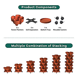 Tectsia Strawberry Vertical Planter Tower Garden, 5 Tiered Planter Stackable Herb Garden Planter with Movable Casters and Bottom Saucer Indoor and Outdoor - Terra Cotta