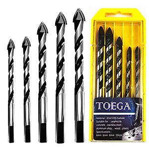 TOEGA 5Pcs Concrete Drill bits, Masonry Drill bit Set, for Tile, Brick, Cement, Concrete, Glass, Plastic, Cinder Block, Wood etc, Best for Concrete and Brick Wall Ceramic Tile on