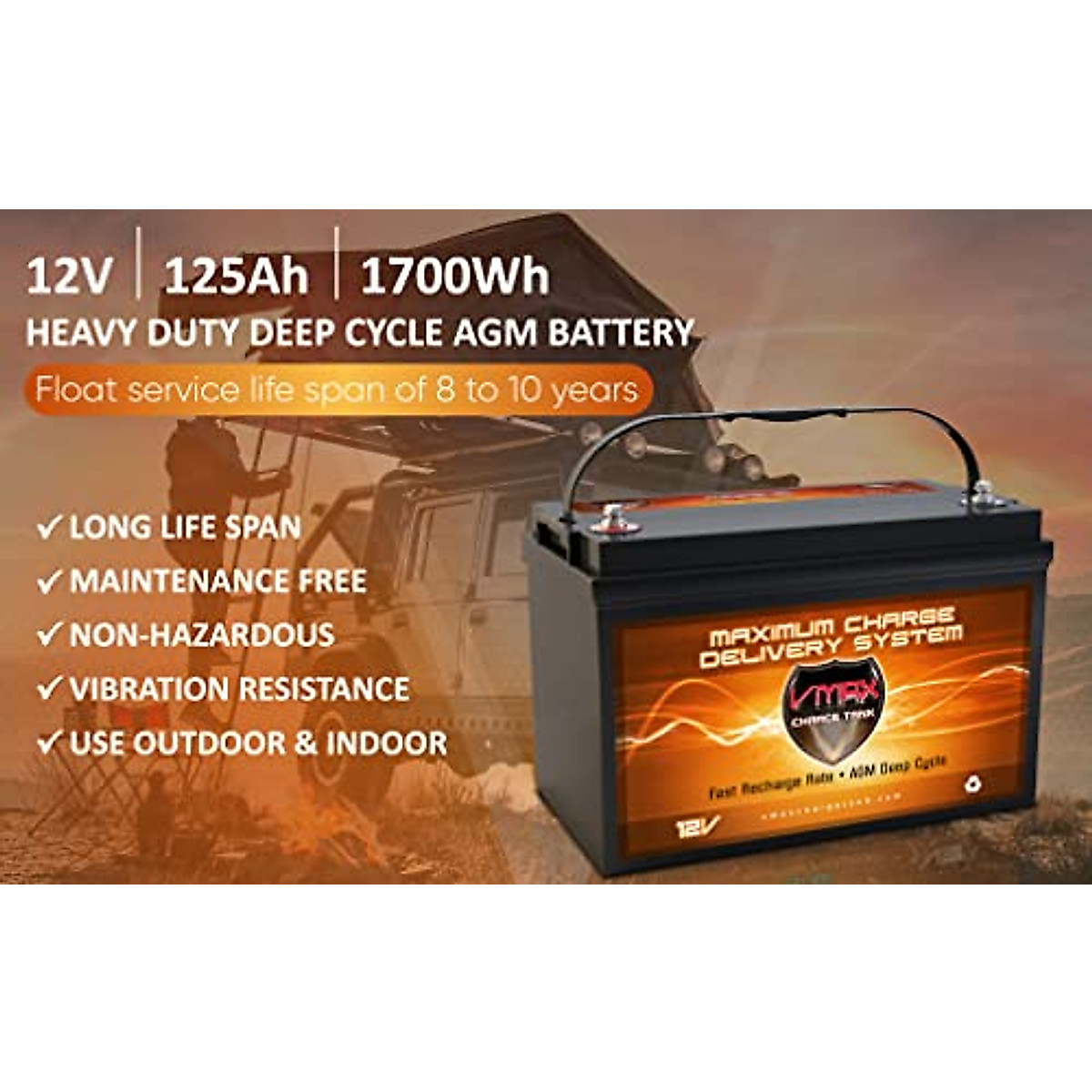 VMAXSLR125 AGM deep cycle 12V 125AH battery for Use with gas or electric power backup generator or smart charger for off grid power systems