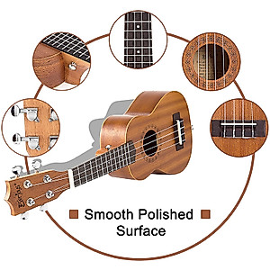 Everjoys Mahogany Soprano Ukulele Starter Kit - Professional 21 inch w/Case Strap Tuner Aquila Strings Pick (Natural Mahogany)