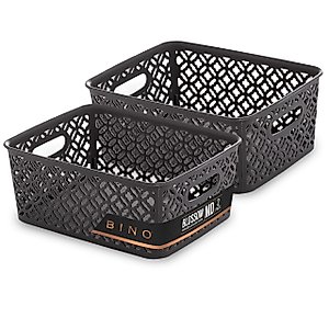 BINO l Plastic Storage Baskets, Medium - Grey | THE BLOSSOM COLLECTION l Multi-Use Organizer Bin l Built-in Handles l Plastic Woven Basket for Organizing l Pantry & Home Organizing Basket