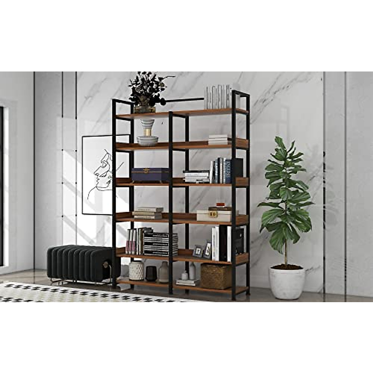 MENGK 70.8 Inch Tall Bookshelf MDF Boards Stainless Steel Frame, 6-Tier Shelves with Back&Side Panel, Adjustable Foot Pads, Brown