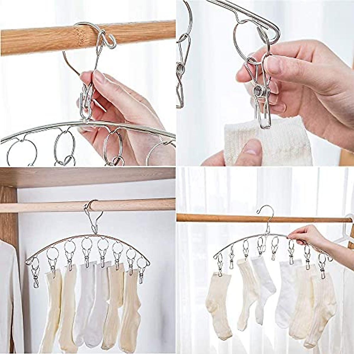 WudTus Clothes Hanger with 10 Clips, Stainless Steel, Windproof, for Drying Socks, Bras, Underwears, Baby Clothes, Hats, Scarfs, Towels, Pants and Gloves (2 Pack)