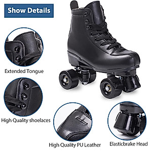 Roller Skates Women Men High-Top PU Leather Roller Skates Classic Double-Row Roller Skates Outdoor Indoor Quad-Skates with Light up Shoe Laces (Black Black Wheel, 42-US Men 8.5= Women 9.5)