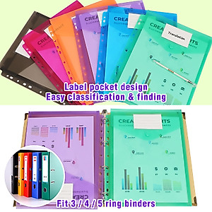 NatureTouch 12Pcs Binder Pocket, Clear Binder Organizer File Folders for 3 Ring, A4 / Letter Size Poly Document Envelopes Pouch with Snap Closure & Label for School Office Supplies,Matte&Solid