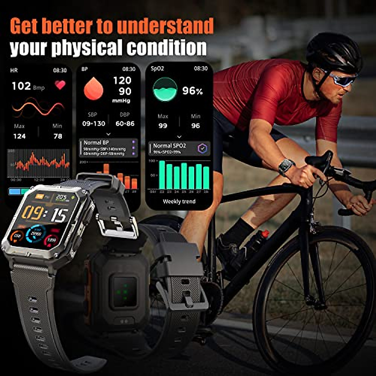 meoonley Military Rugged Smartwatch for Men,Sport Watch with Answer/Make Call IP68 1.83 inch Fitness Tracker Pedometer SpO2 for Outdoor Enthusiasts
