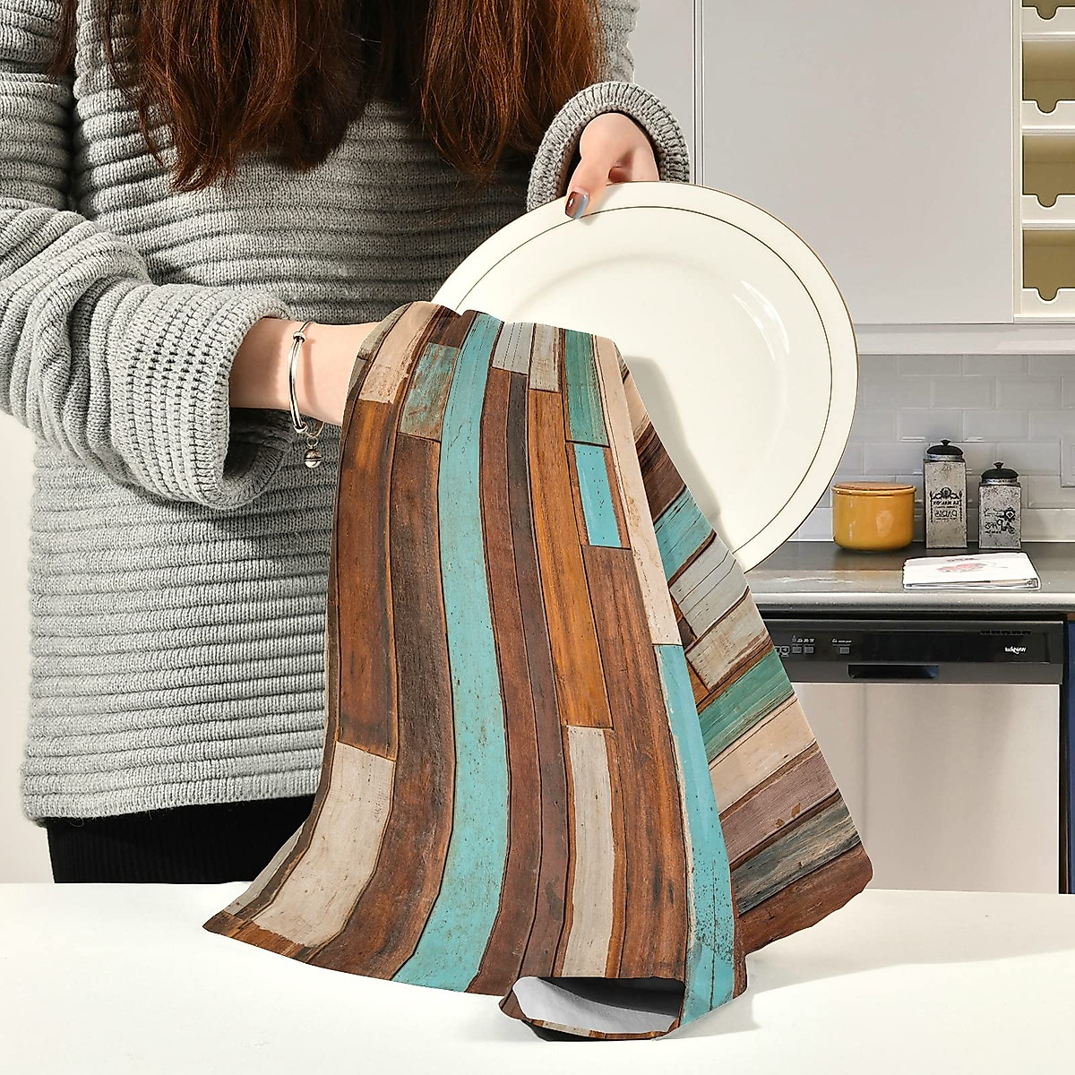 ALAZA Teal Gray Brown Farmhouse Wood Planks Decorative Kitchen Dish Towels Set of 4,Soft and Absorbent Kitchen Hand Towels Home Cleaning Towels Dishcloths,18 x 28 Inch