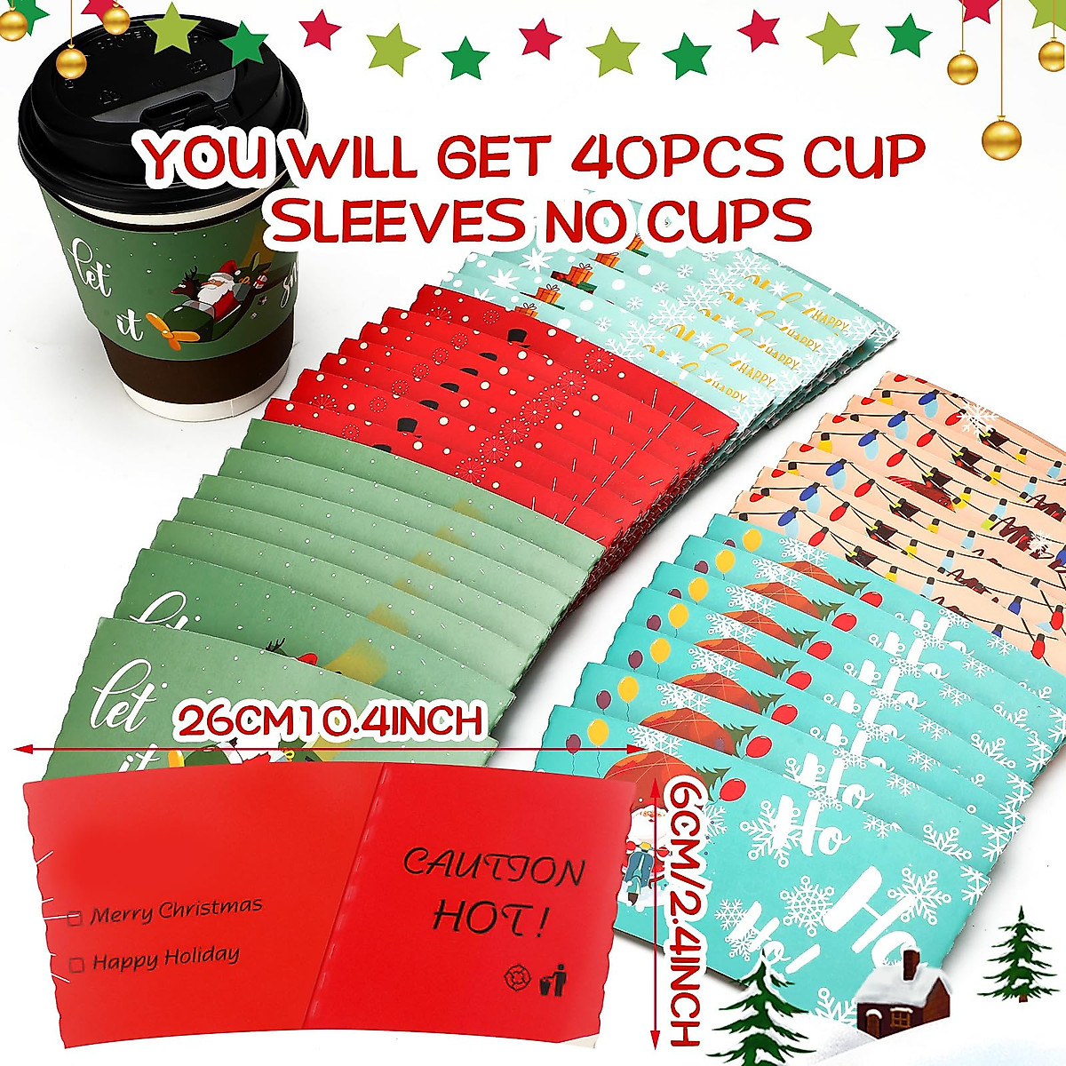 40 Pieces Christmas Coffee Cup Tea Cup Sleeves Disposable Paper Cup Sleeves with 5 Custom Xmas Designs for Christmas Hot Chocolate, Coffee, Cocoa, Tea or Cold Beverage, Fits 12 oz to 16 oz