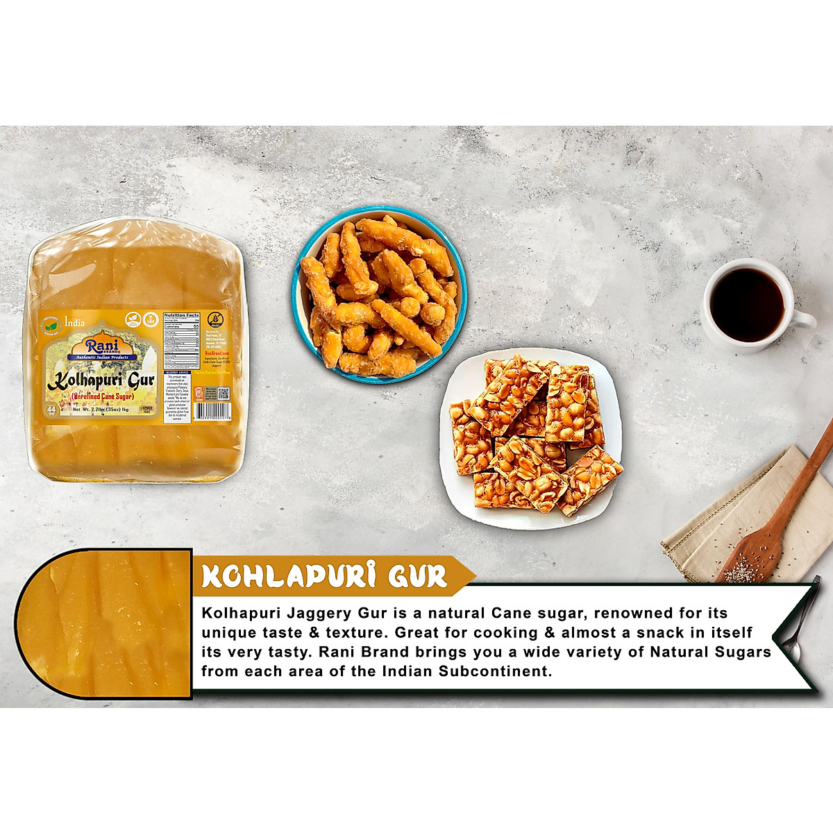 Rani Kolhapuri Gur (Jaggery) 1kg (2.2lbs) ~ Indian Unrefined Raw Cane Sugar, No Color added, Gluten Friendly | Vegan | NON-GMO | No Salt or fillers