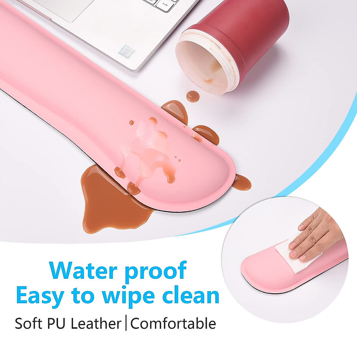 Dapesuom Keyboard Wrist Rest Set, Cute PU Leather Wrist Cushion for Computer Keyboard and Mousepad, Memory Foam Mouse Pad Rests Support with Non-Slip Base for Typing Pain Relief, Laptop, Pink