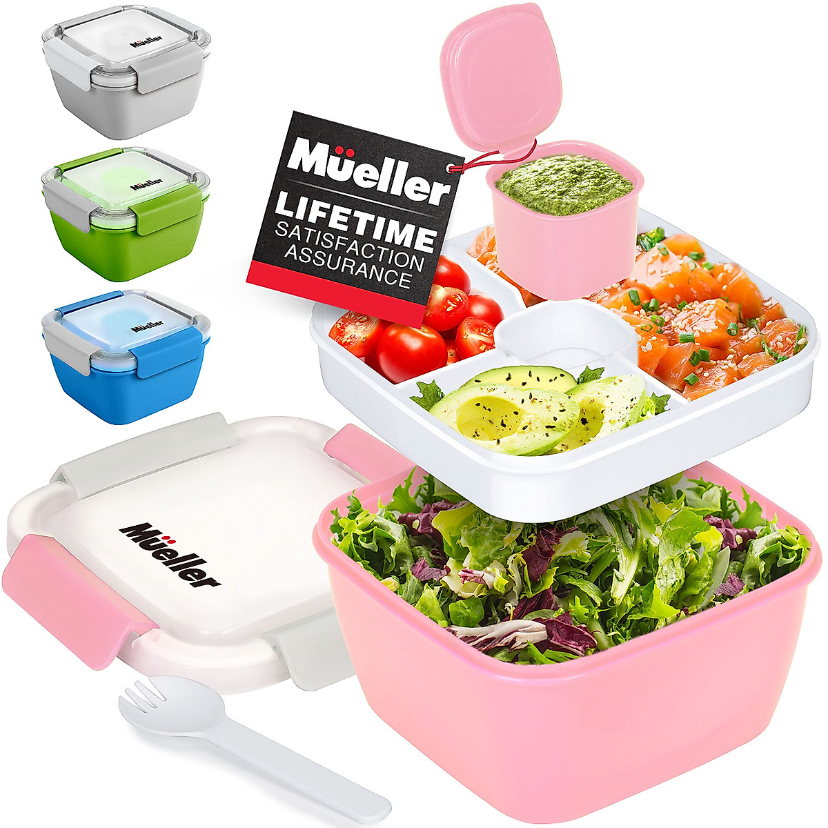 Mueller Salad Lunch Container To Go, Large 51-oz Salad Bowl, 3 Part Divided Tray, with Dressing Container and Reusable Spork Smart Locking Leakproof Salad Holder, (Pink)