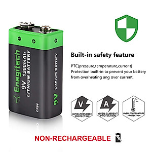 Enegitech 9V Lithium Battery, 9 Volt Lithium Battery 1200mAh for Smoke Detector, Fire Alarm, Keyless Entry Door Lock, Multimeter, Metal Detector Non-Rechargeable 4 Pack