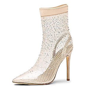 DREAM PAIRS Women's SDPU2233W High Heels Closed Toe Clear Rhinestone Stiletto Sexy Mesh Pointed Toe Slingback Heels Transparent Sparkly Dress Party Pumps Shoes, Size 8.5, Nude