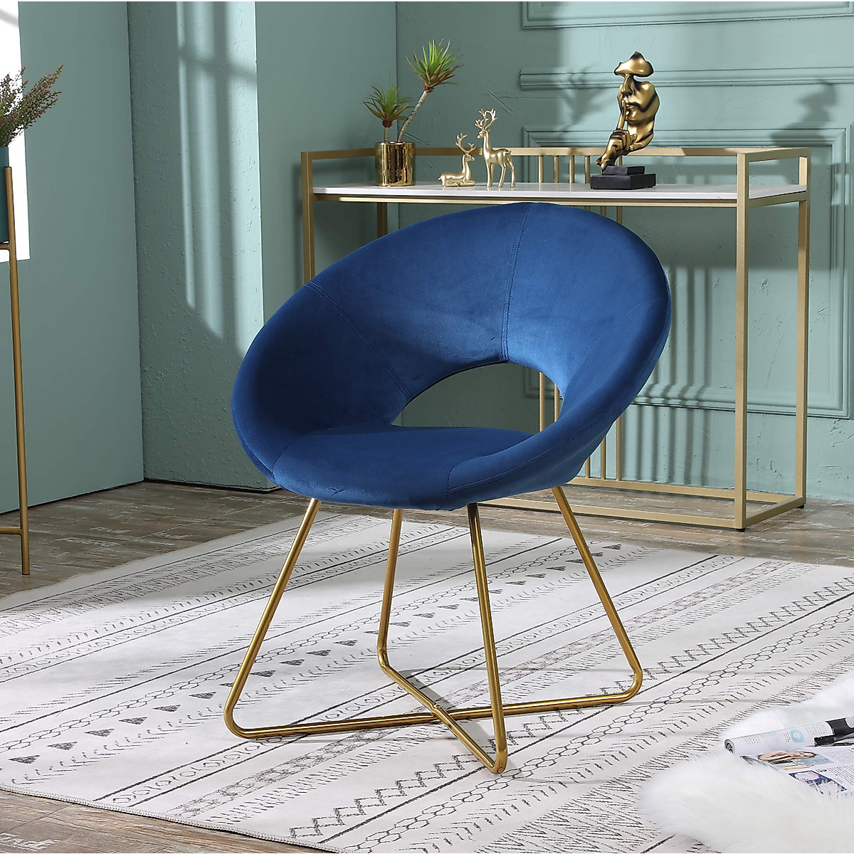 Roundhill Furniture Slatina Silky Velvet Upholstered Accent Chair with Gold Tone Finished Base, 25D x 28W x 31.5H in, Blue