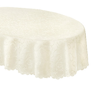 Newbridge Portofino Scalloped Damask Fabric Tablecloth, Wrinkle and Stain Resistant Fine Dining and Holiday Tablecloth, 60 Inch x 84 Inch Oval, Ivory