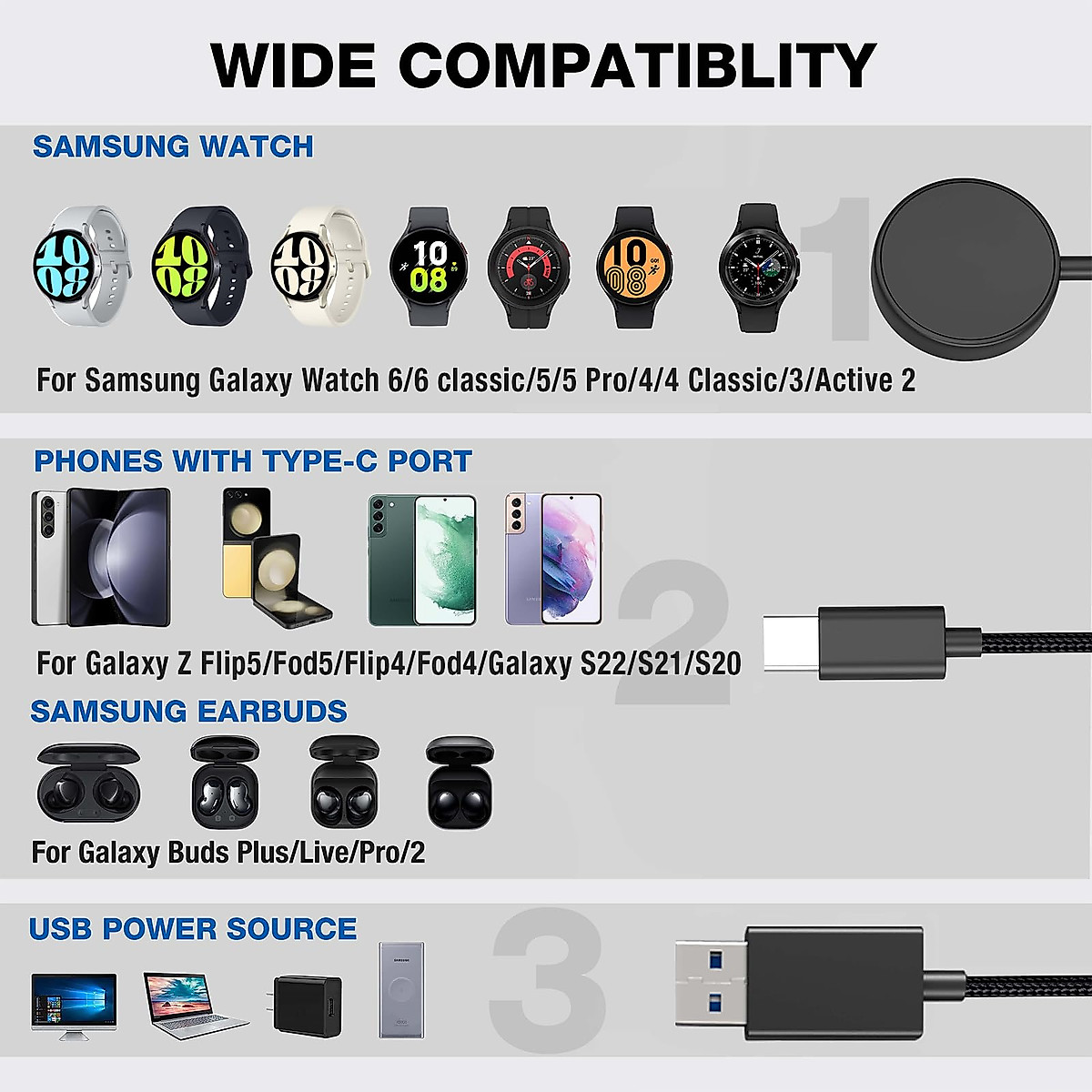 Galaxy Watch 6 Charger Compatible with Samsung Galaxy Watch 6/6 Classic/5/4/3/Active, USB C Charging Cable for Galaxy S23/S22/S21/S20/S10/Note 20/10/9/Buds, 2 in 1 4FT Wireless Charger Dock Cord