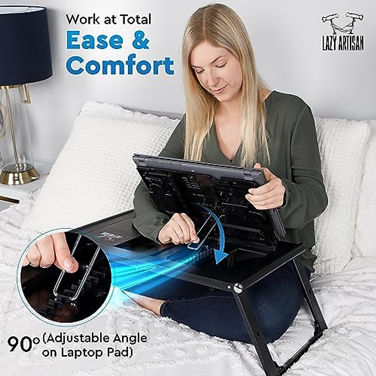 Lazy Artisan Lap Desk for Laptop - Portable Foldable Laptop Bed Desk with Dual USB Cooling Fans and Tablet Clamp with Stopper, Laptop Desk for Reading, Writing, Working in Bed