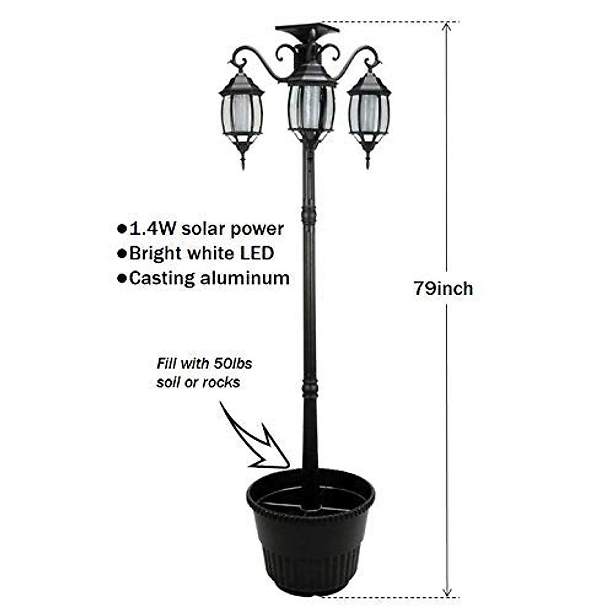 Westcharm Portable 3-Head LED Solar Light Planter for Backyard Patio Porch Outdoor Decoration - 6.7 ft. (80 in.) Black Solar Street Lamp with Planter