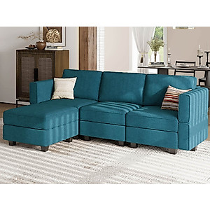 Belffin Small Sectional Sofa Modular L Shaped Couch 3 Seater Sectional Couch Convertible Chaise Ottoman with Storage Peacock Blue