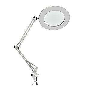 YOUKOYI LED Magnifying Lamp Metal Swing Arm Magnifier Lamp -10 Levels Brightness, 3 Color Modes, 5X Magnification, 4.1" Diameter Glass Lens, Adjustable Industrial Clamp for Reading/Office/Work (White)