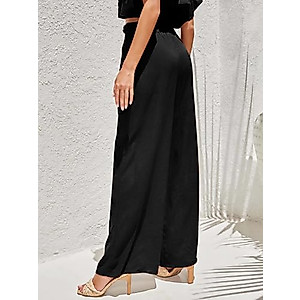 Sucolan Black Wide Leg Pants for Women Lightweight High Waisted Palazzo Work Pants Dressy Casual Adjustable Tie Knot Loose Trousers with Pockets XL