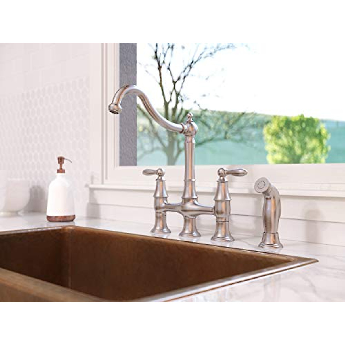 Pfister Courant Kitchen Faucet with Side Sprayer, 2-Handle, High Arc, Stainless Steel Finish, F0314COS