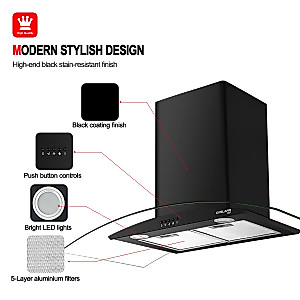 36" Range Hood, GASLAND Chef GR36BP Curved Glass Wall Mount Range Hood Black, 3 Speed 450 CFM Ducted Kitchen Hood with LED Lights, Push Button Control, Convertible Chimney, Aluminum Filter