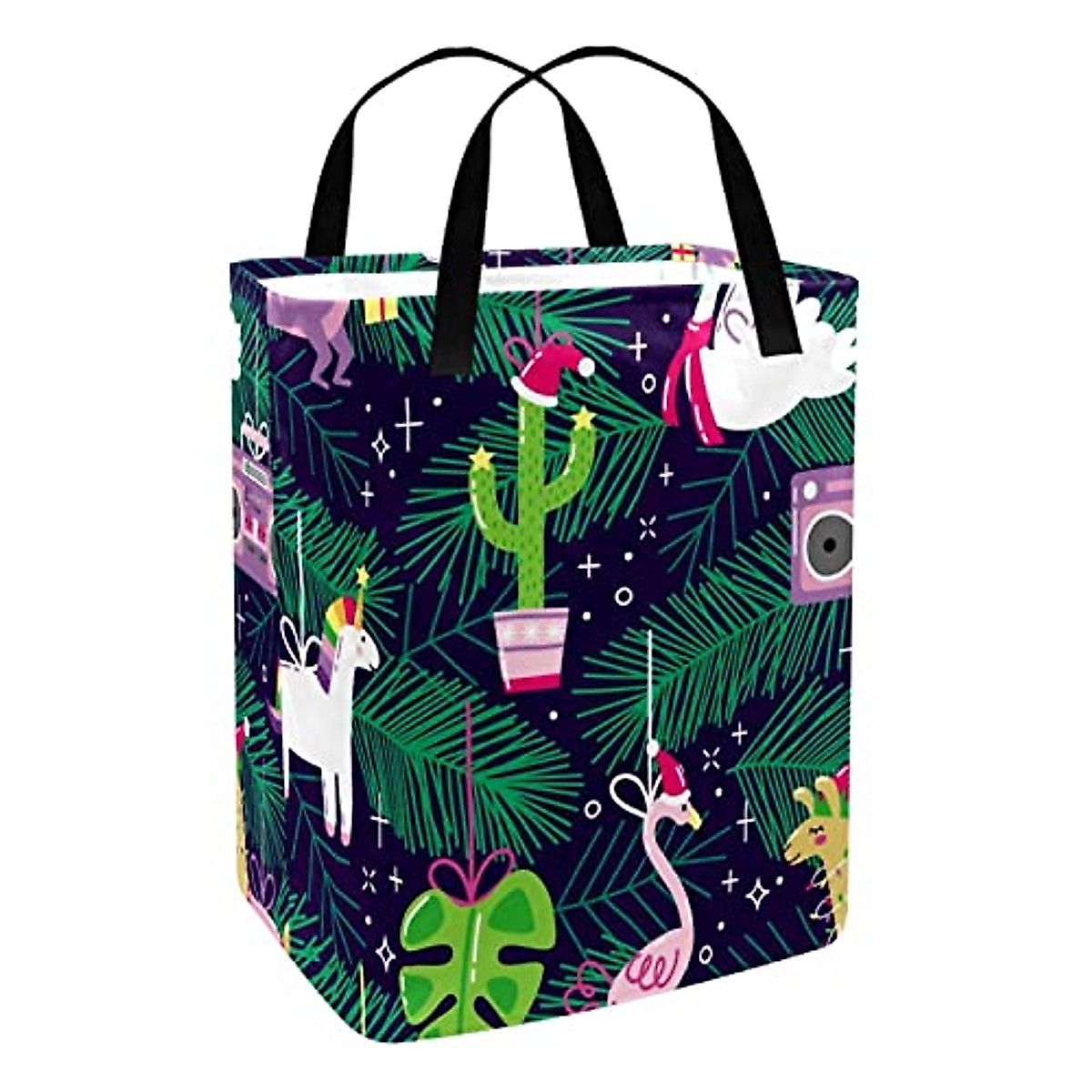 Christmas Hat Dinosaur Flamingo Unicorn Swan Cactus Print Collapsible Laundry Hamper, 60L Waterproof Laundry Baskets Washing Bin Clothes Toys Storage for Dorm Bathroom Bedroom