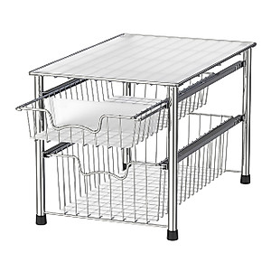 SimpleHouseware Stackable 2 Tier Sliding Basket Organizer Drawer, Chrome