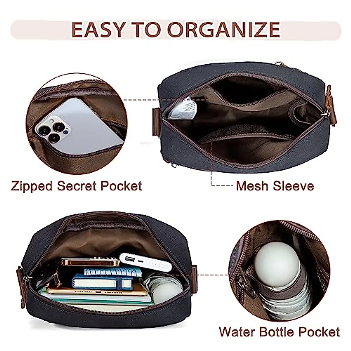 VASCHY Small Messenger Bag, Vintage Leather Canvas Crossbody Shoulder Side Bag for Men Women for Work/Travel Black