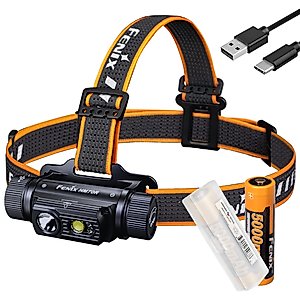 Fenix HM70R 1600 Lumen USB-C Rechargeable Headlamp with 2 ARB-L21-5000, White, High CRI and Red Beams & LumenTac Organizer