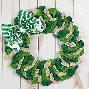 Whaline 4 Rolls St Patrick's Day Wired Ribbon Plaid Shamrock Stripe Crease Ribbon Linen Like Polyester Green White Irish Wrapping Ribbon for Home Birthday Craft Decoration Gift Bow, 2inch x 5 Yards