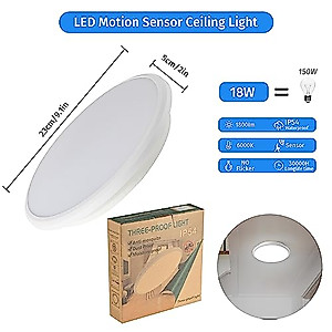 9inch Motion Sensor LED Ceiling Light, 18W 6000K 1800LM Flush Mount Round Lighting Fixture for Indoor/Outdoor IP54 Waterproof for Hallway, Laundry Room, Front Porch, Closet, Stairway, Basement (White)