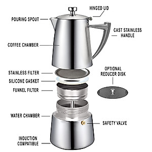 CUISINOX Roma Satin Stainless Steel Moka Pot Stovetop Espresso Maker, 10-Cup