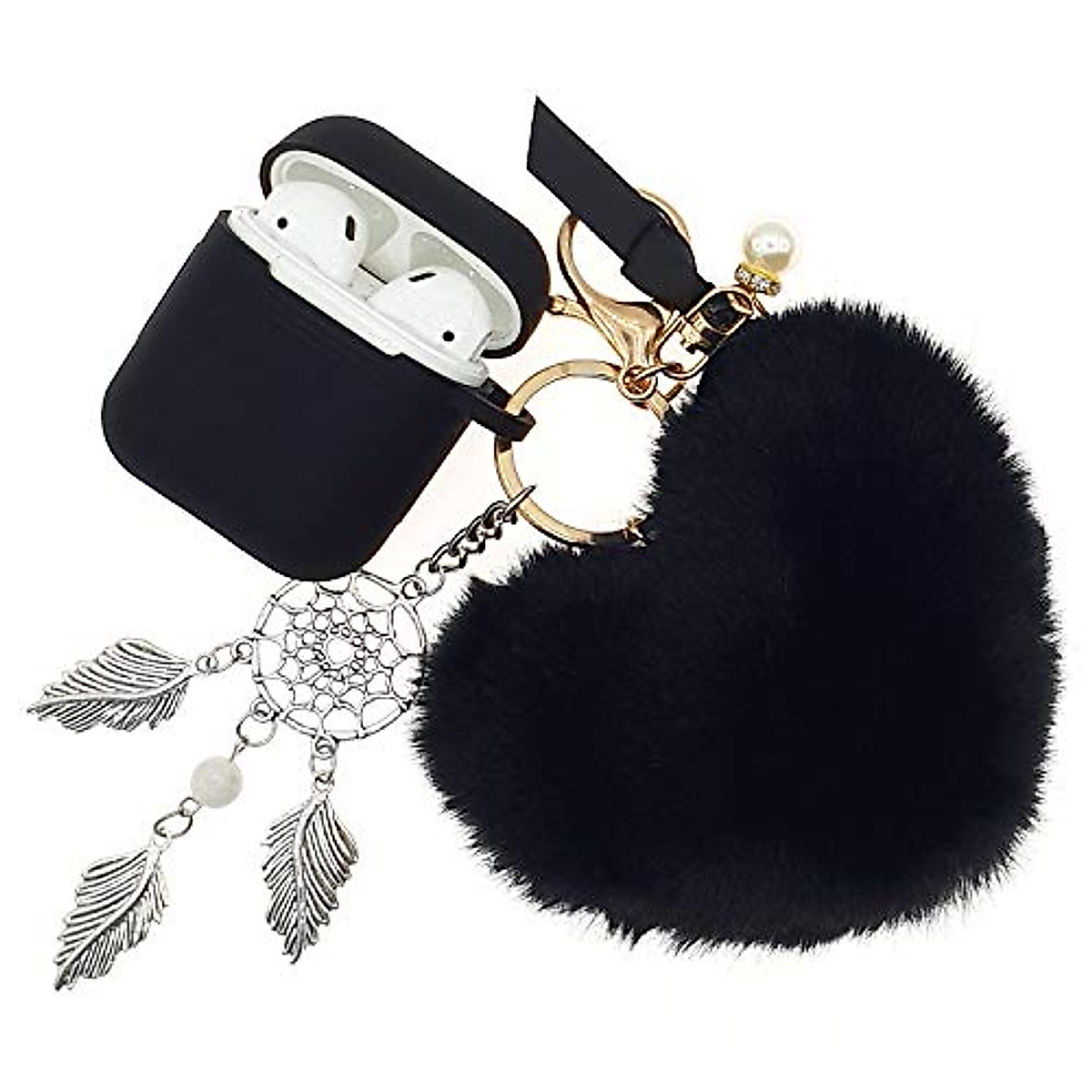 Silicone Skin and Cover Case Adorable Anti-Loss Replacement Fits for Apple AirPods 2/1 Charging Case Drop Proof Airpod Case with Elegant Fluffy Heart Shaped Fur Ball Dream Catchers Keychains