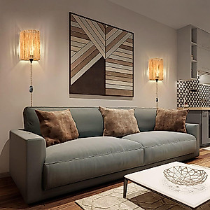 Rattan Plug in Wall Sconce Farmhouse Decor Set of Two,Boho Wall Lamp with Plug in Cord Set of 2,Dimmable Switch Wall Lights Fixture,Indoor Rustic Wall Mount Light Bedside for Bedroom Living Room Kids