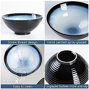 HOKELER Ceramic Japanese Ramen Bowl Set, 2 Sets 8 inch 40 Ounce Asian Pho Udon Noodle Bowls with Spoons and Chopsticks (Black/Blue)