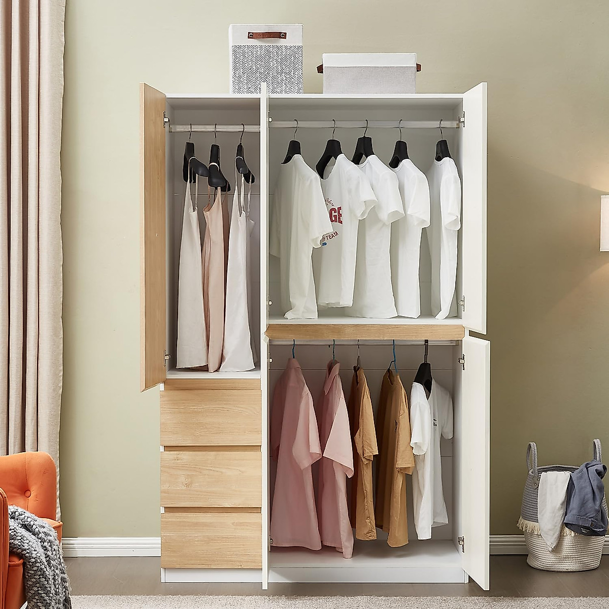 Idealcabin Closet Wardrobe 3 Doors White Wood Armoire Wardrobe Closet Cabinet with Hanging Rod 3 Drawers for Bedroom Armoires Tall Clothes Storage Closets(20.5" D x 47.2" W x 74.8" H)