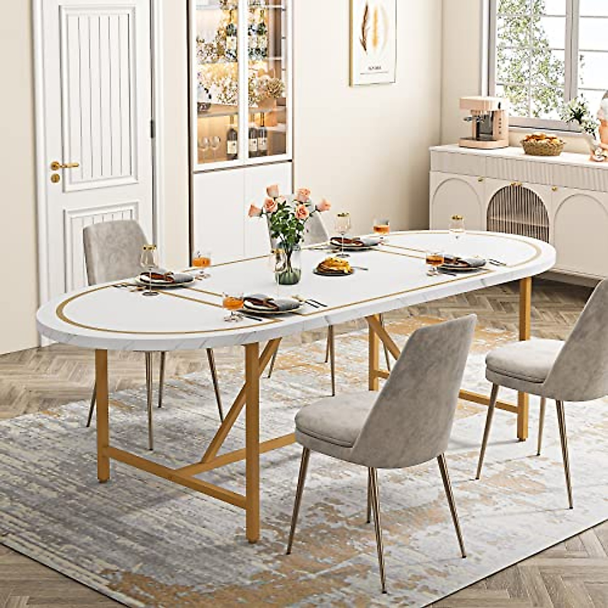 Tribesigns Modern Dining Table for 6 People, Gold White Oval Dining Room Table with Gold Metal Frame, 70.8 Inch Kitchen Tables for Home Kitchen Dining Room