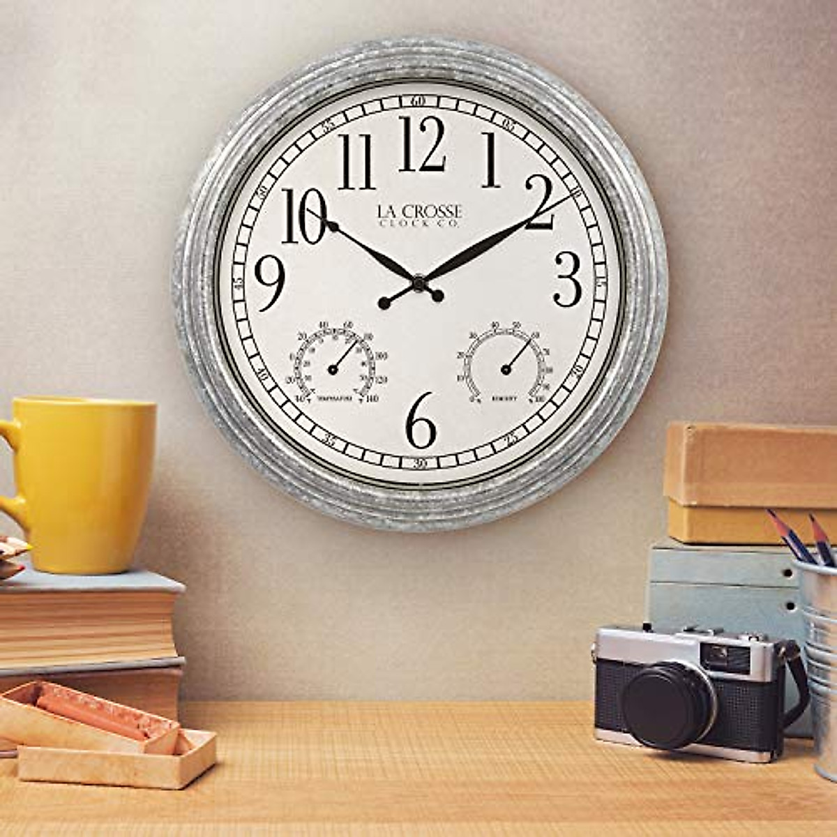 La Crosse 433-3236 14-inch Silas Indoor/Outdoor Galvanized Analog Quartz Wall Clock, Silver