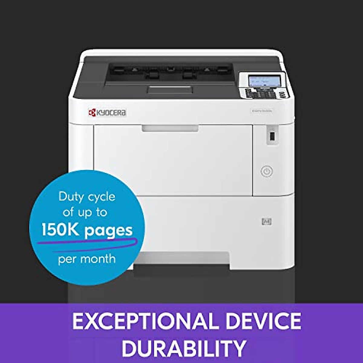 Kyocera ECOSYS PA4500x Monochrome Laser Printer, 47 ppm, 600 x 600 dpi and Up to Fine 1200 dpi, 600 Sheet Tray, 100 Sheet MPT, Duplex, 5 Line LCD w/Hard Key Panel, Gigabit Ethernet, USB, 512 MB