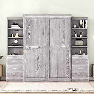 GLORHOME Space-Saving Full Size Murphy Bed with Gray Finish, Storage Shelves, and Drawers