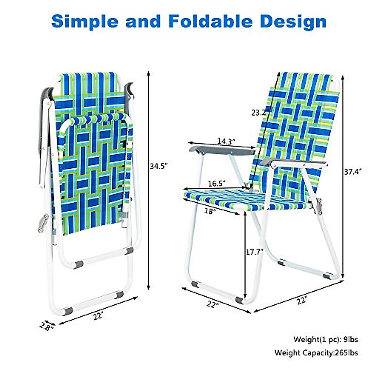 VINGLI Patio Lawn Webbed Folding Chairs Set of 2, Outdoor Beach Portable Camping Chair for Yard, Garden (Blue, Classic)